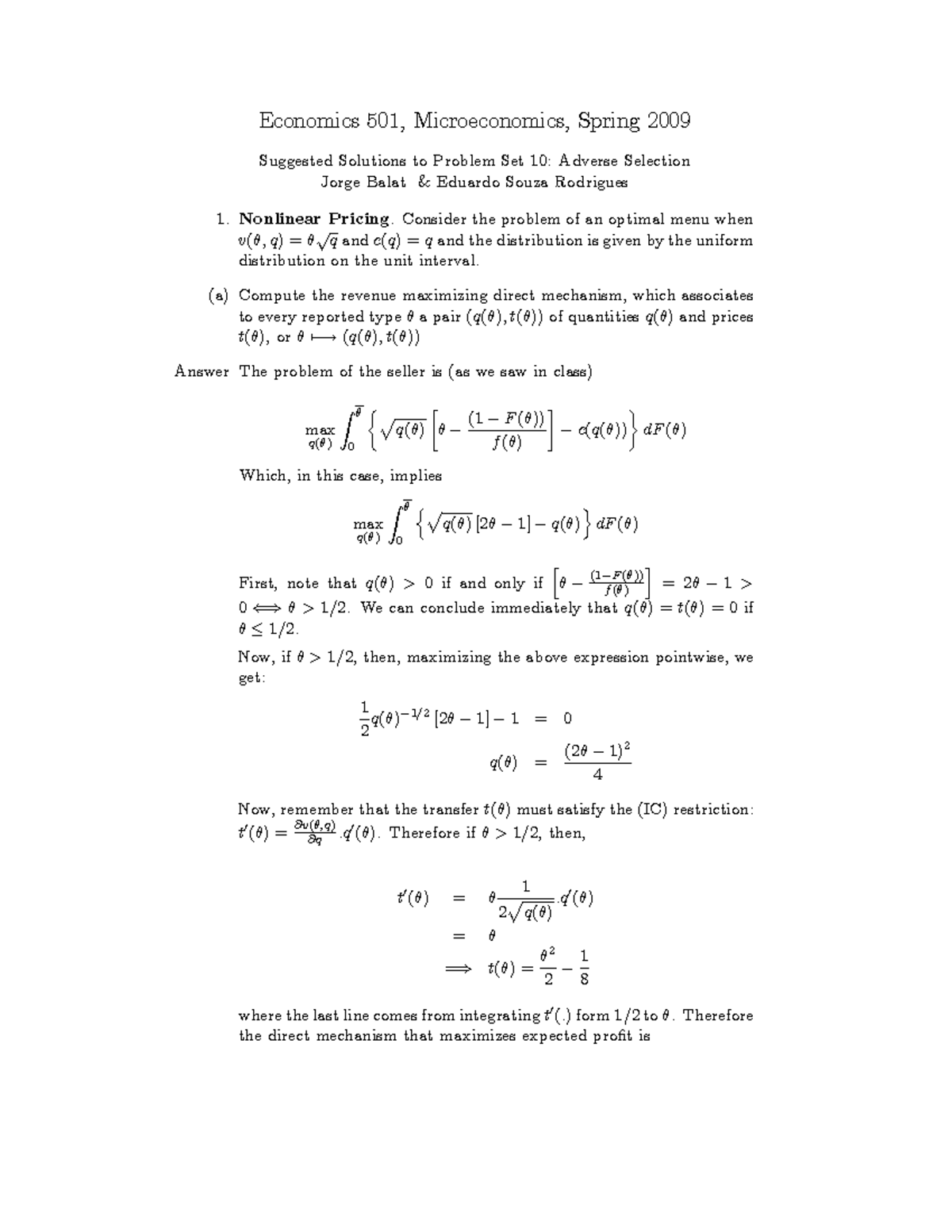 Seminar Assignments - Problem Set 10: Adverse Selection Solution - Economics 501, Microeconomics ...