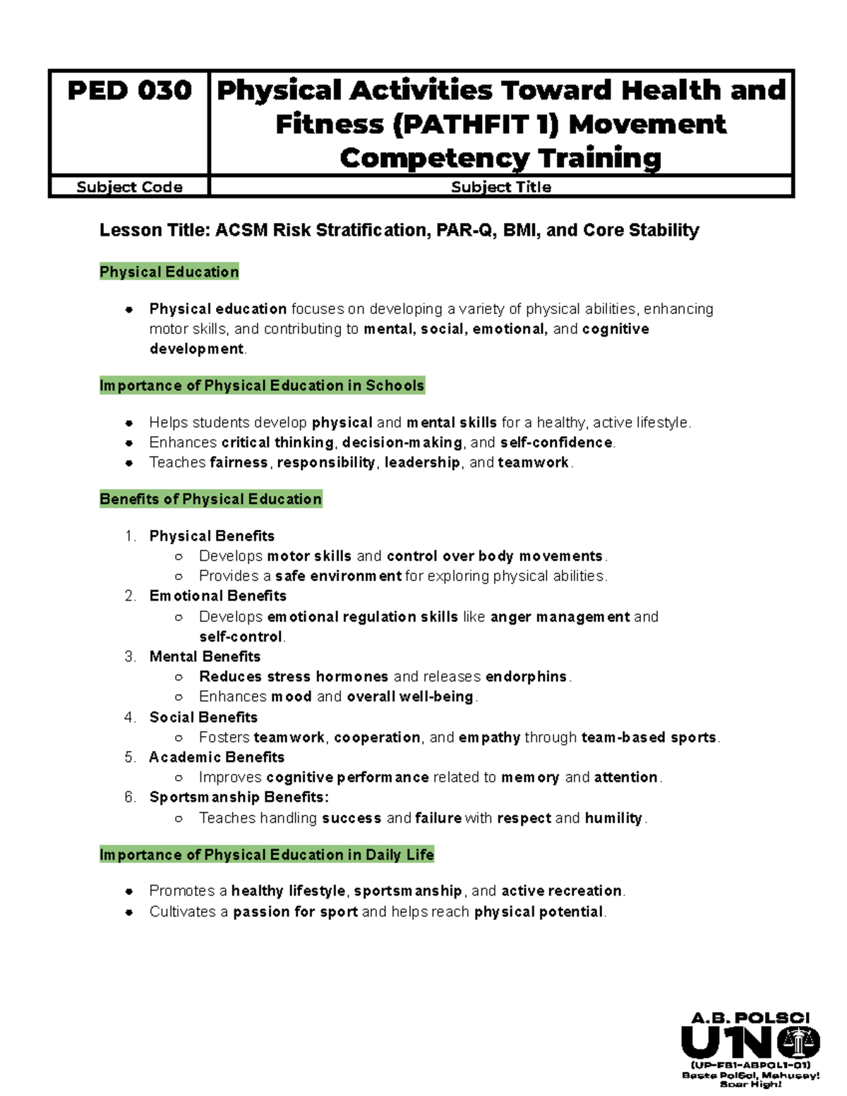 PED 030 - reviewer for p.e - PED 030 Physical Activities Toward Health and Fitness (PATHFIT 1 ...