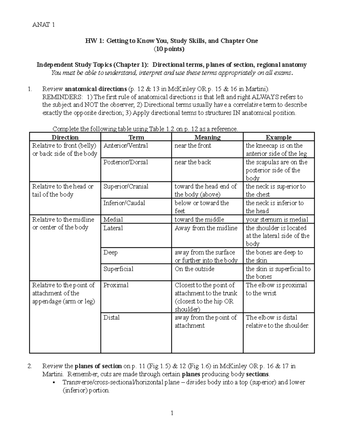 Anatomy HW 1 - HW 1: Getting to Know You, Study Skills, and Chapter One ...