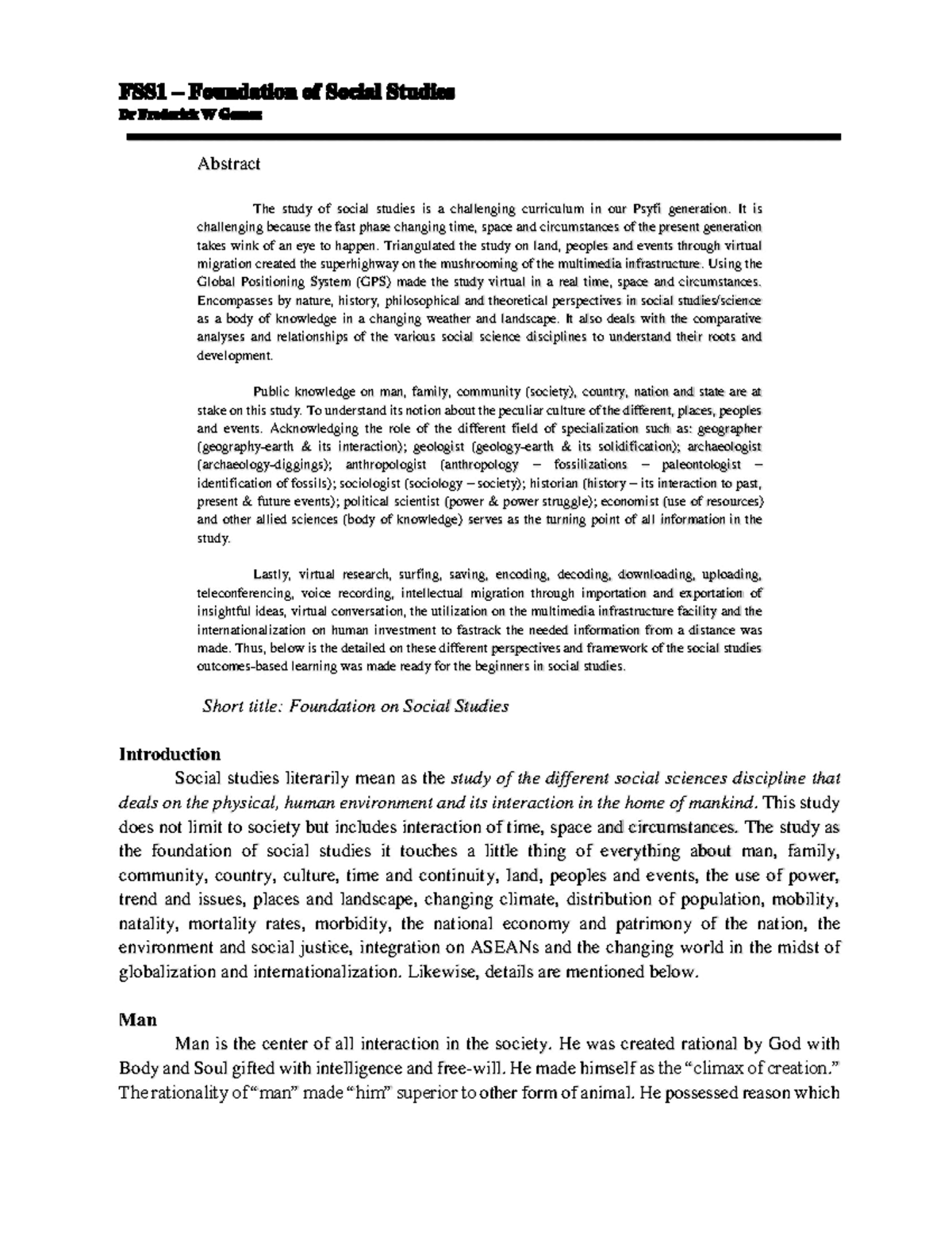 Foundation of Social Studies Companion - Abstract The study of social ...