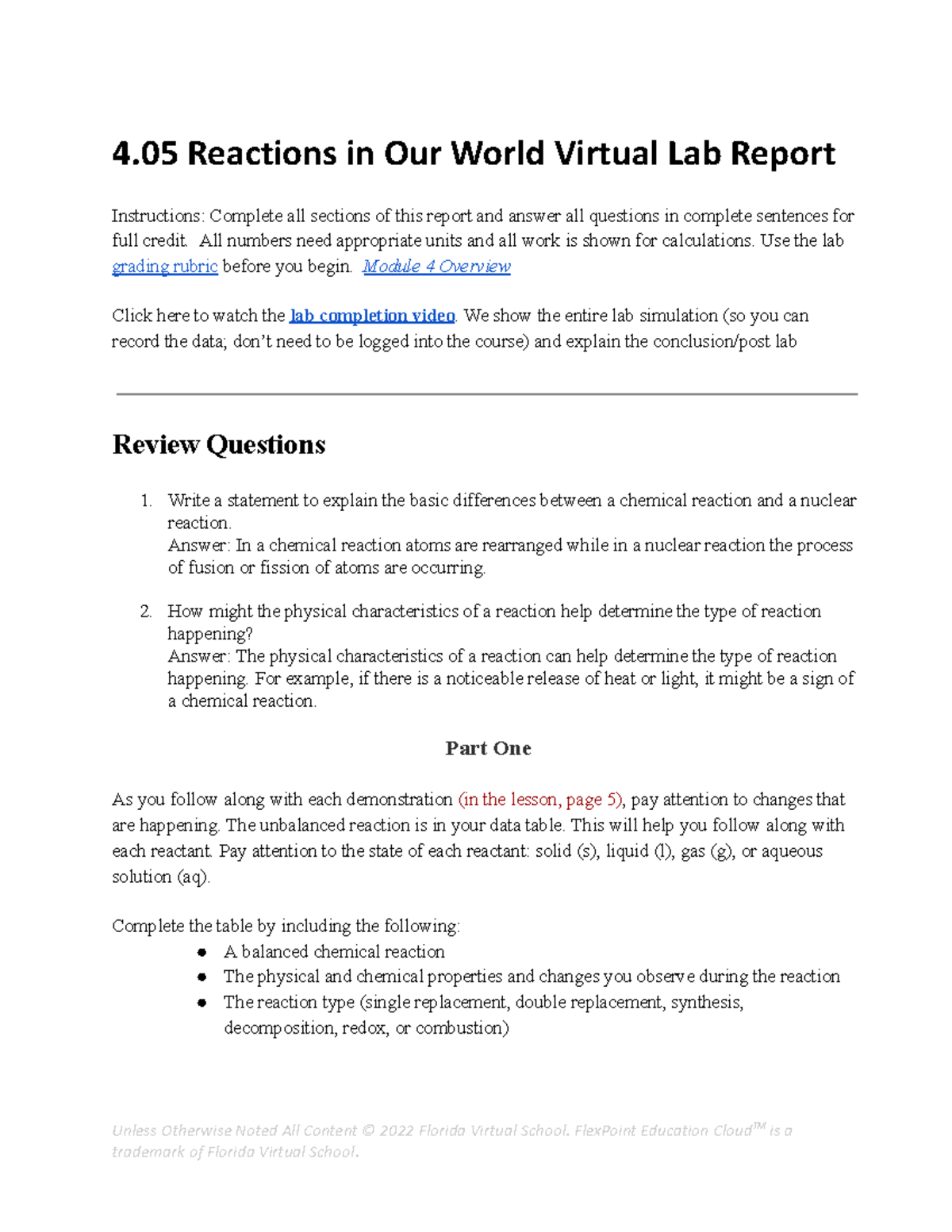 4.05 Reactions in Our World Lab Report - 4 Reactions in Our World Virtual Lab Report ...
