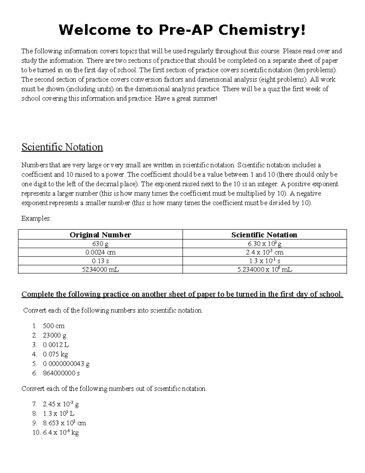 Pre APChemistry Summer Assignment - Welcome to Pre-AP Chemistry! The ...