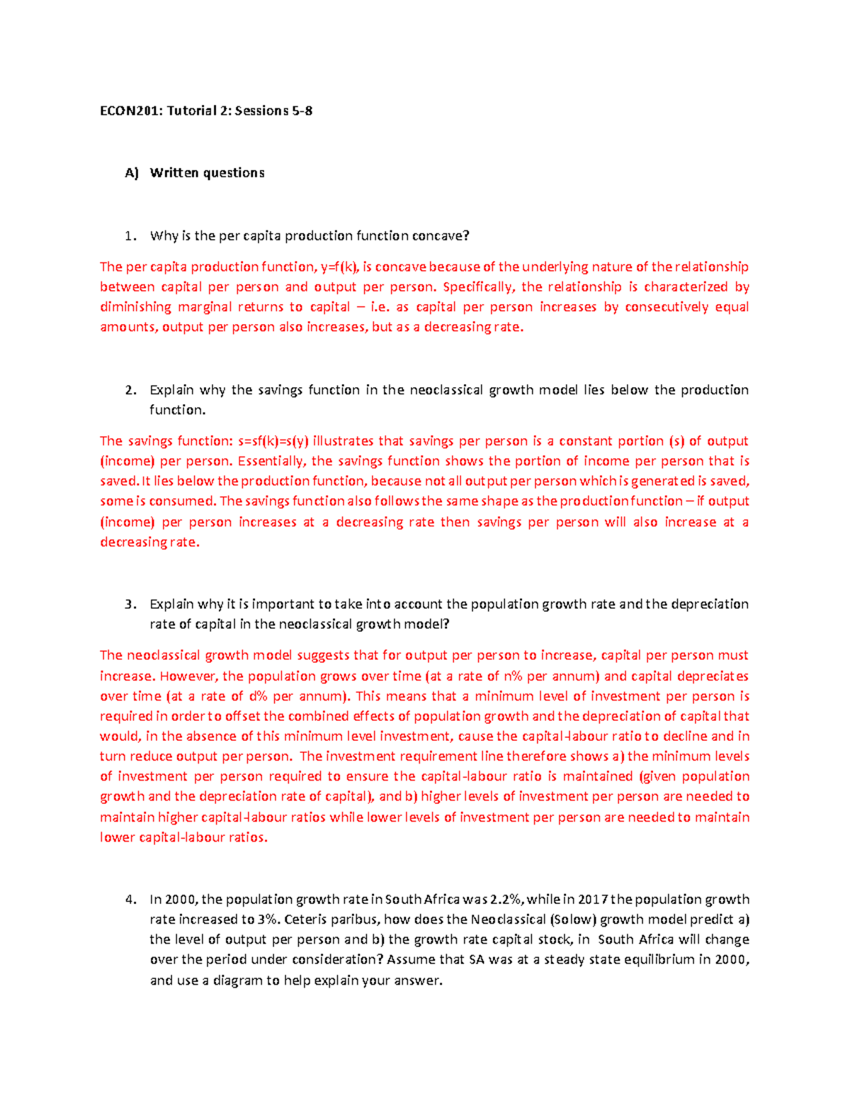 Tut 2 Solutions - ECON201: Tutorial 2: Sessions 5- A) Written questions ...