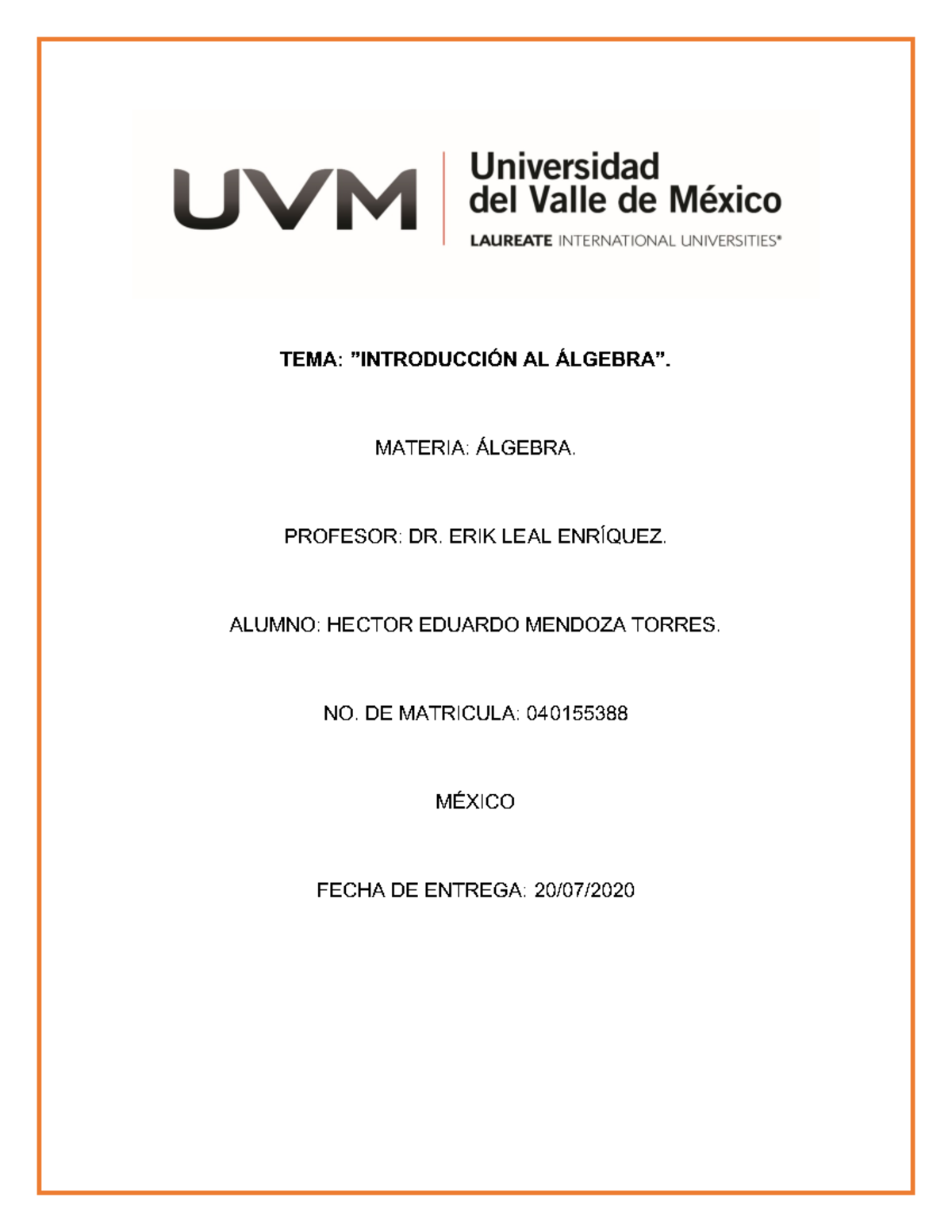 A1 HEMT - Resumen Algebra - TEMA: ”INTRODUCCIÓN AL ÁLGEBRA”. MATERIA ...
