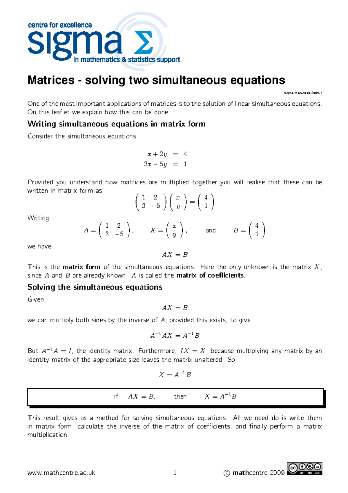 Sigma matrices 8 2009 1 - Matrices - solving two simultaneous equations ...