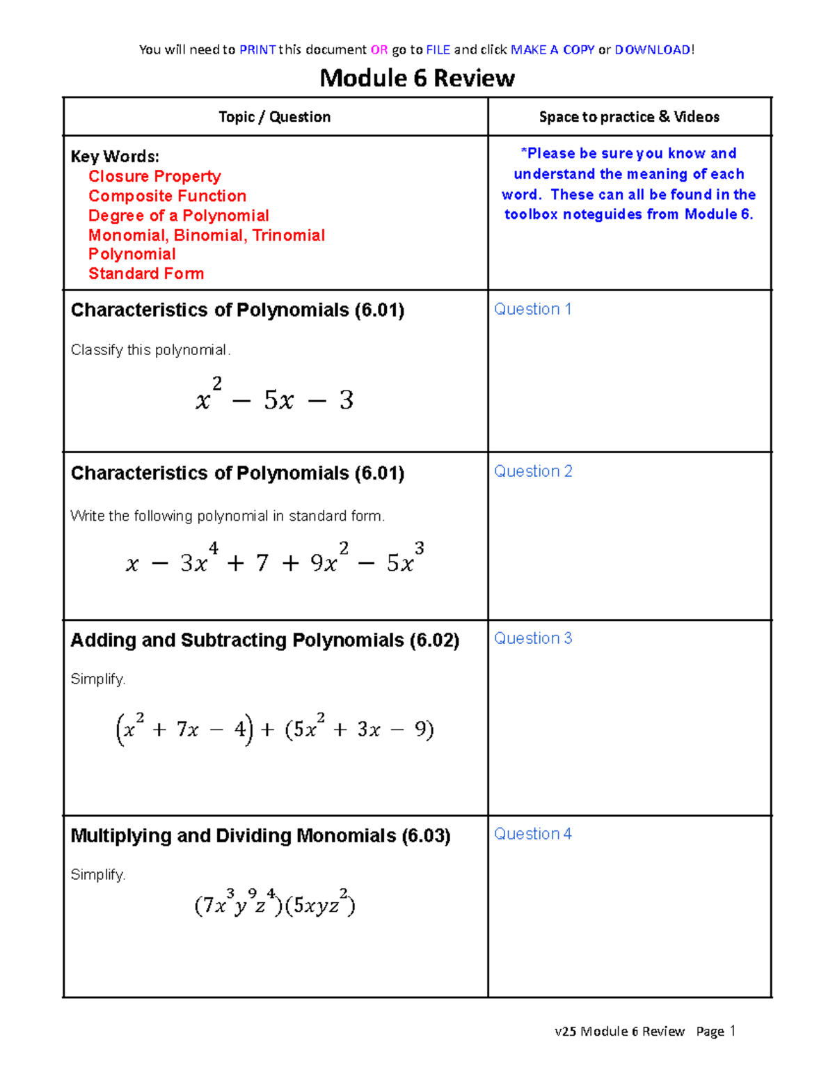 Copy of Module 6 Review Flex - You will need to PRINT this document OR ...