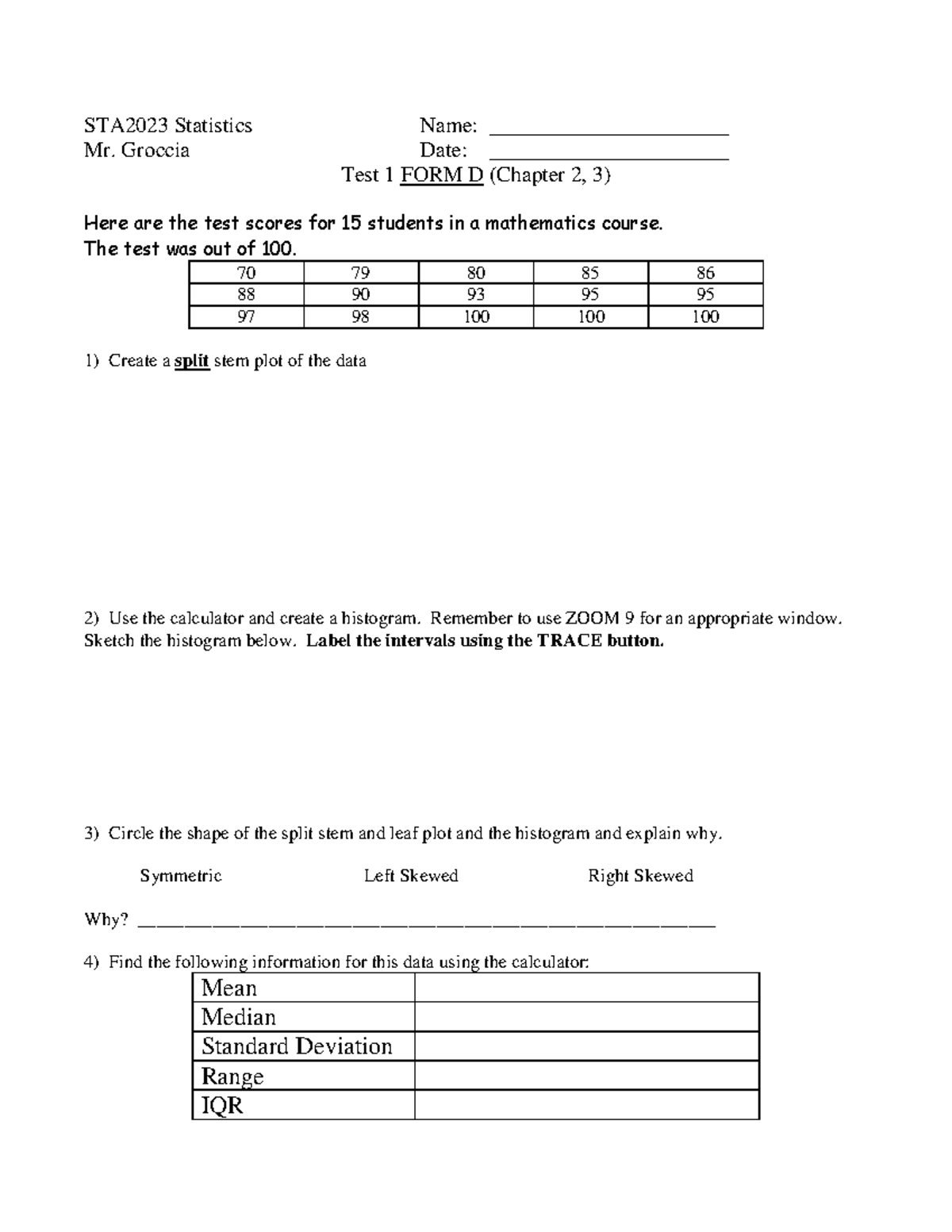 Blank STA2023 Test 1 Form D Spring 2021 (17 Questions) - STA2023 ...