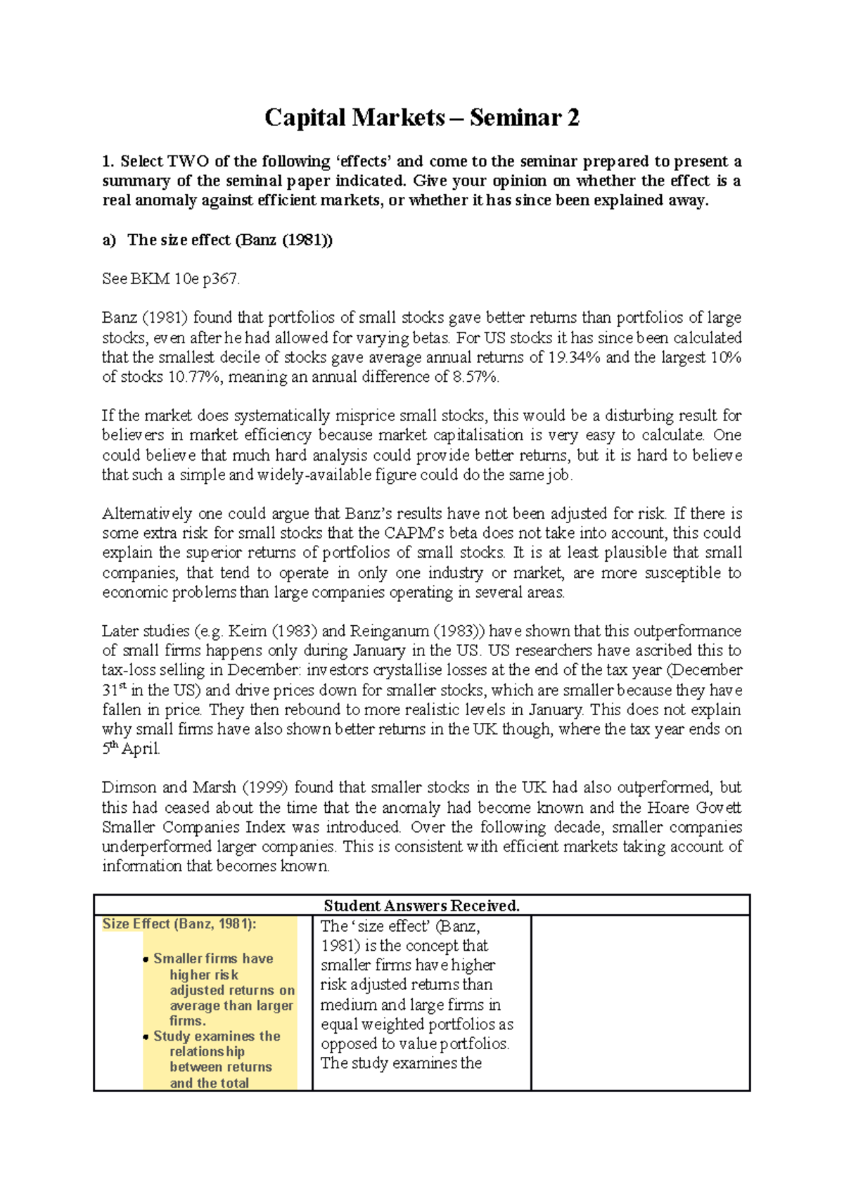 S2 - Seminar 2 - Capital Markets Seminar 2 1. Select TWO of the ...