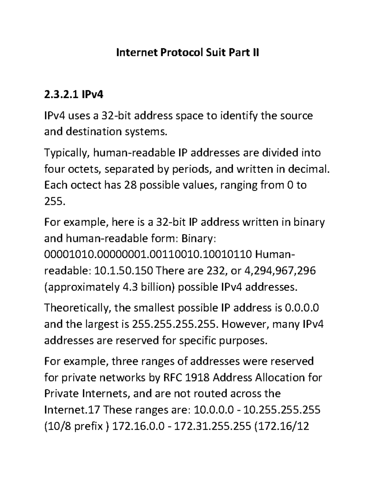 Internet Protocol Suit Part II - 3.2 IPv IPv4 uses a 32-bit address space to identify the source ...
