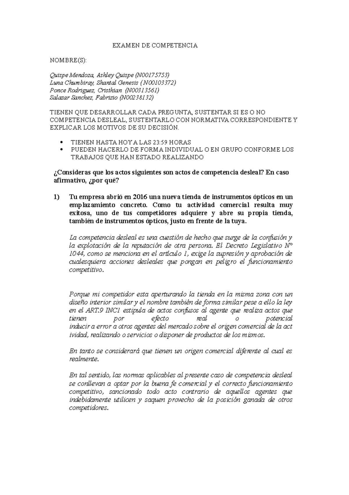 Examen Parcial DE Competencia - EXAMEN DE COMPETENCIA NOMBRE(S): Quispe ...