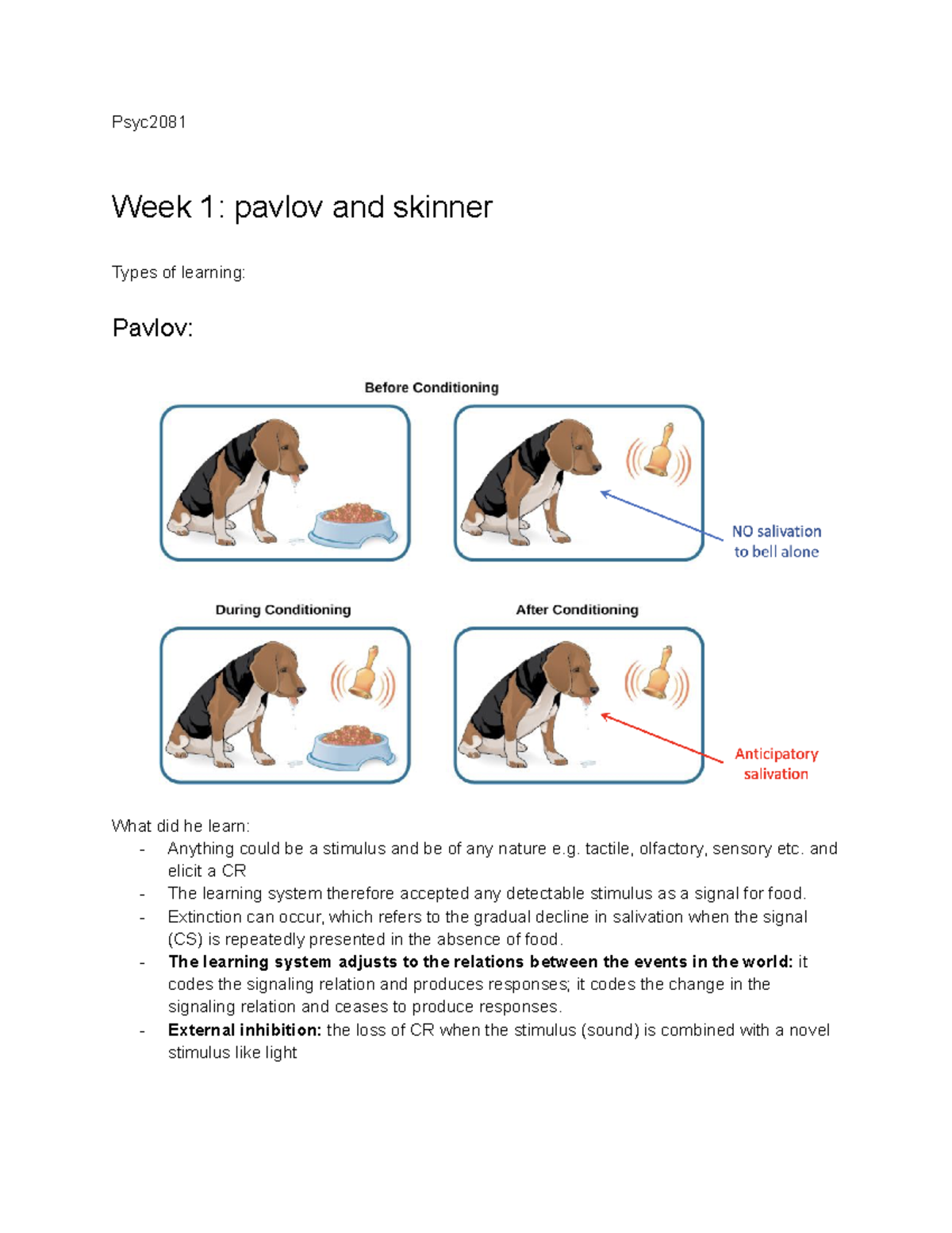 Psyc2081 - Notes - Psyc Week 1: pavlov and skinner Types of learning ...