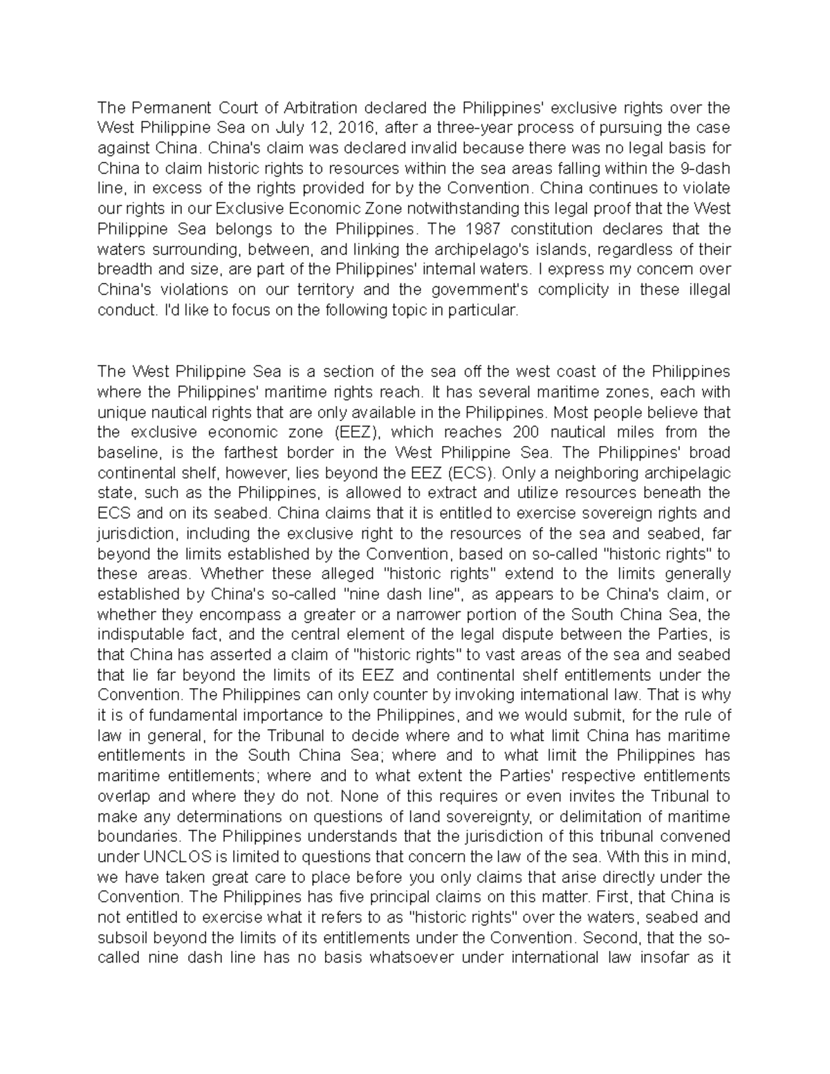 Position- Paper - Jsksks - The Permanent Court of Arbitration declared ...