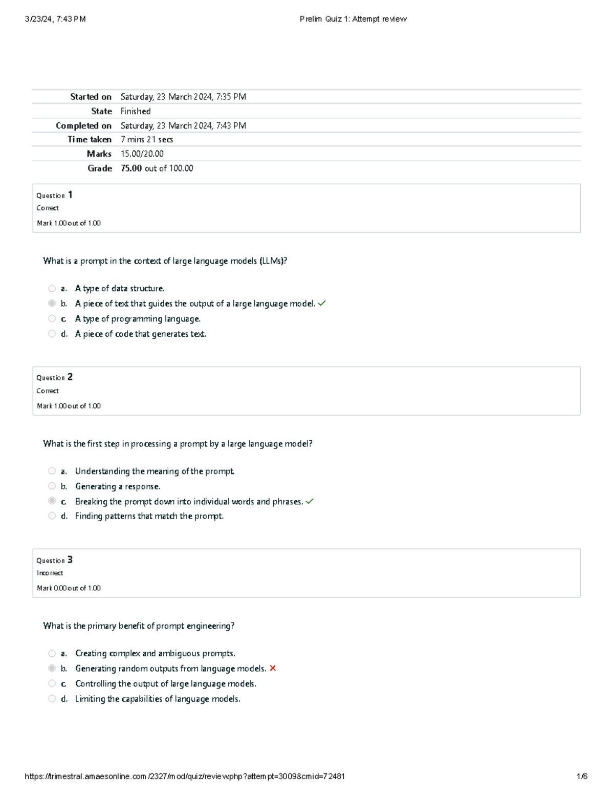 Prelim Quiz 1 Attempt review - Started on Saturday, 23 March 2024, 7:35 PM State Finished ...