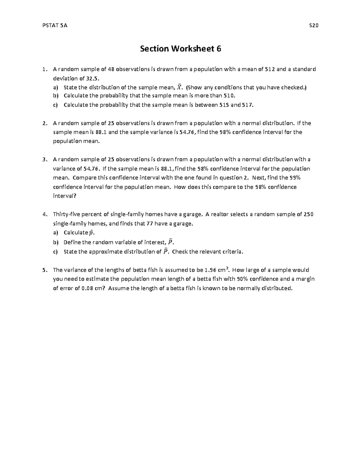 S6 - Dr. Julie Swenson - Warning: TT: undefined function: 32 PSTAT 5A S Section Worksheet 6 A ...