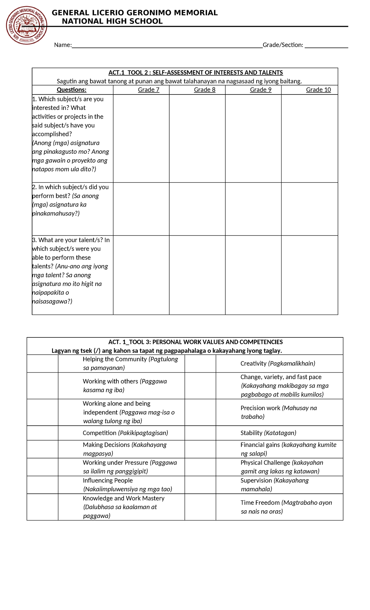 ACT. 1 TOOL 2-4 - lalala - GENERAL LICERIO GERONIMO MEMORIAL NATIONAL ...