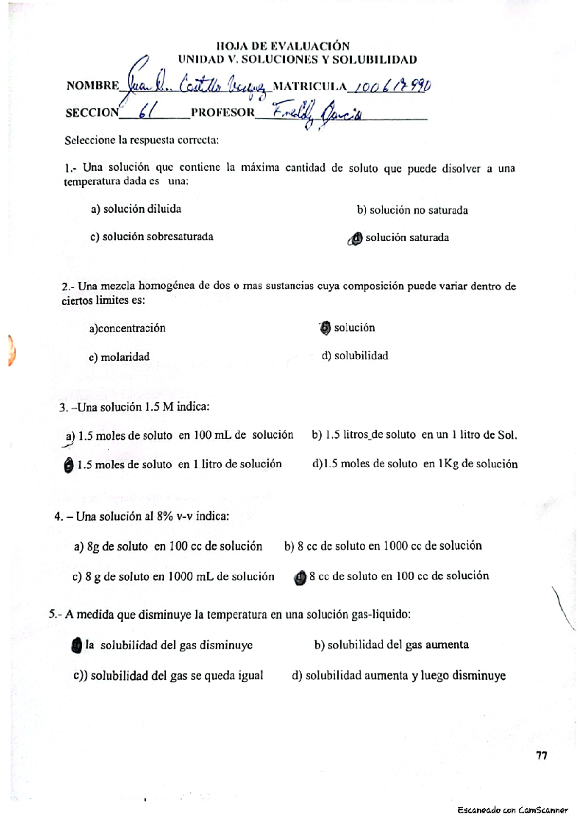 Quimica unidad V - Práctica V - HOJA DE EVALUACIÓN UNIDAD V. SOLUCIONES ...