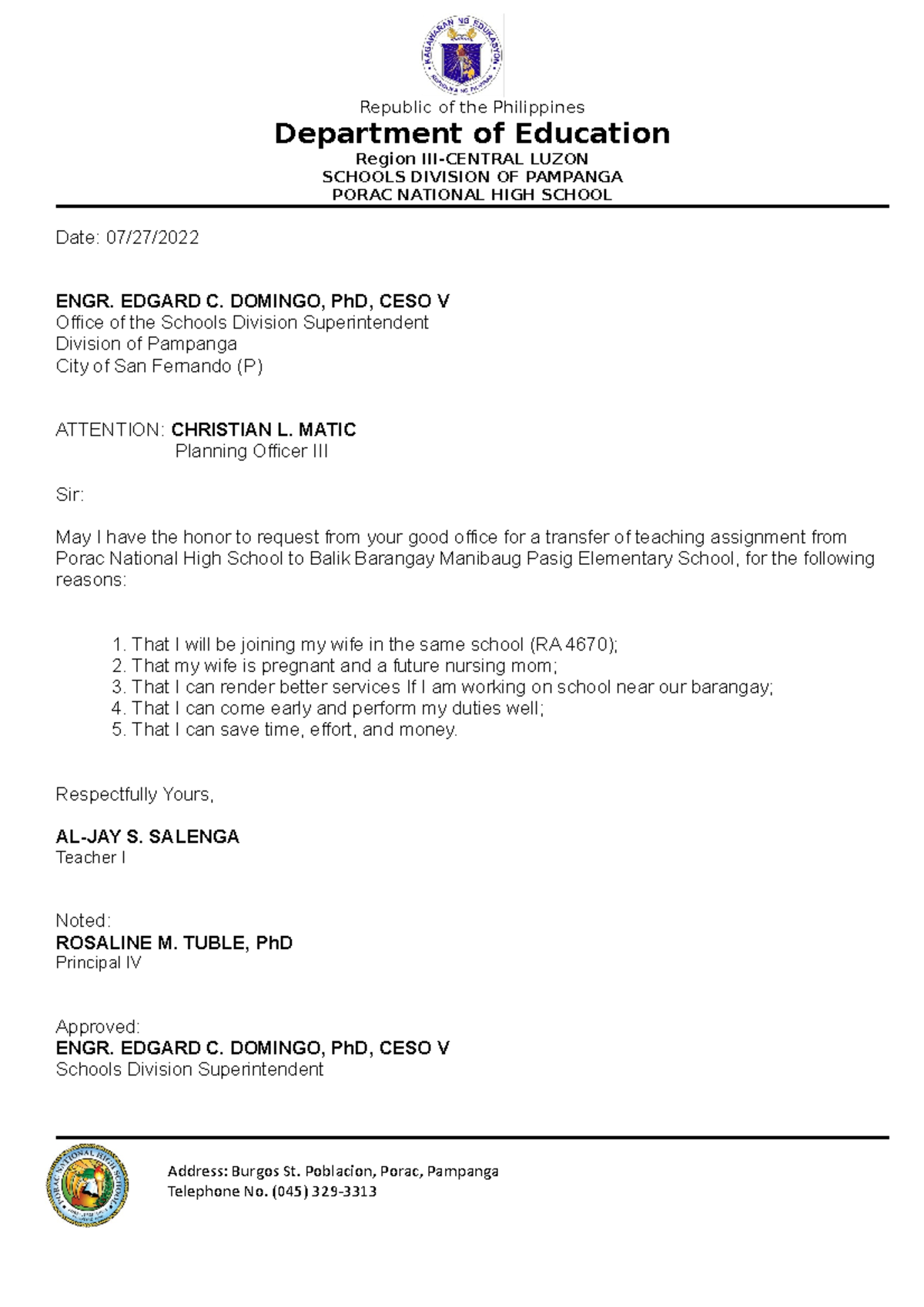Letter of request to transfer - Republic of the Philippines Department ...