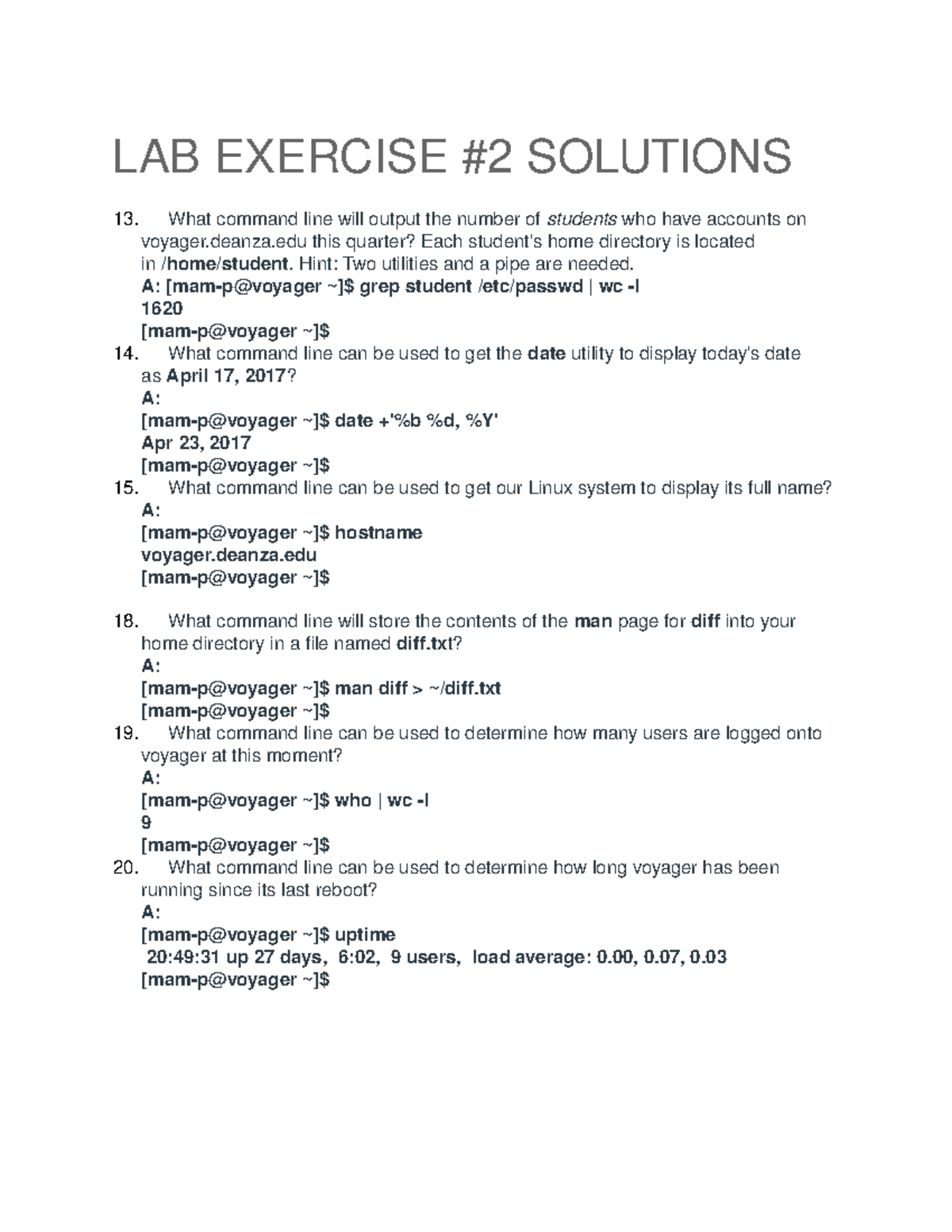 LAB Exercise #2 Solutions - LAB EXERCISE #2 SOLUTIONS 13. What command ...