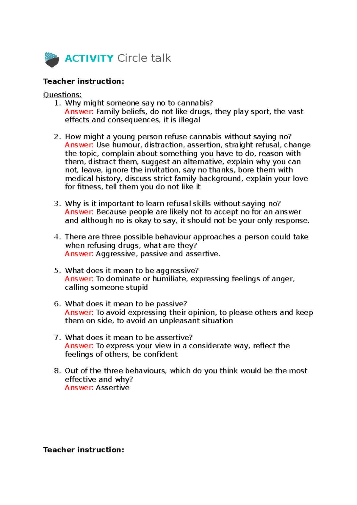 Document 1 - Might help - ACTIVITY Circle talk Teacher instruction ...