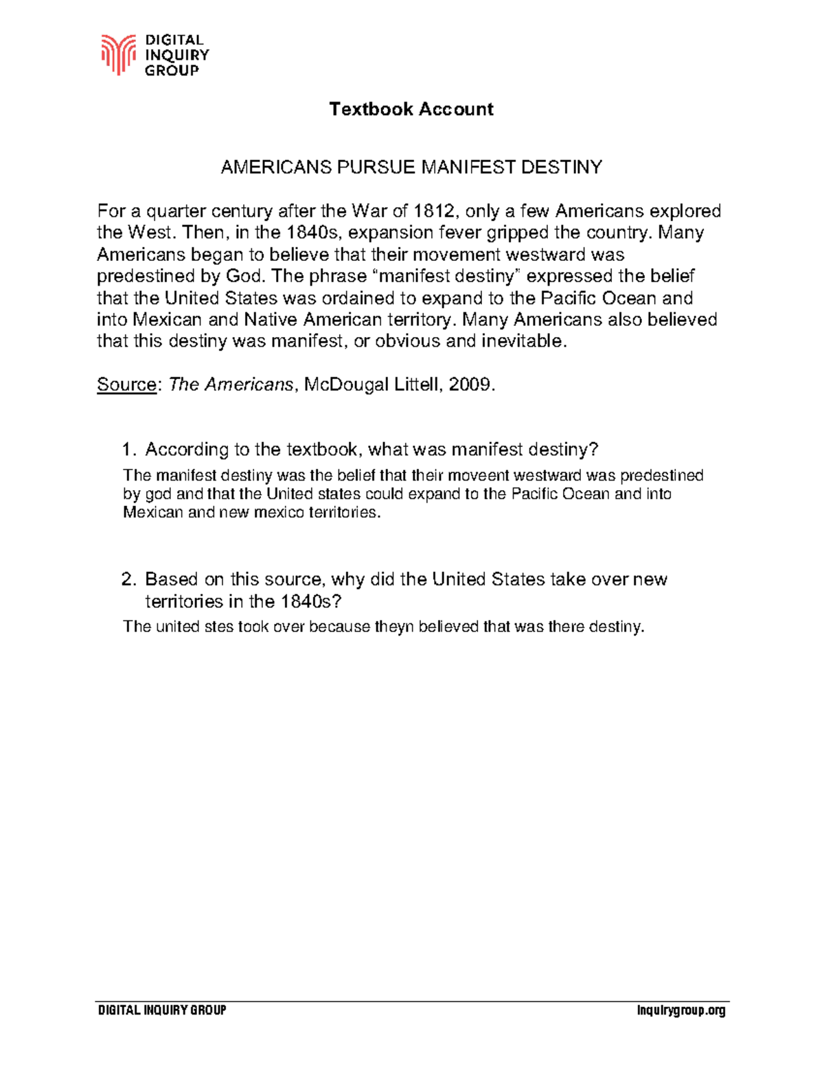 Manifest Destiny Student Materials - Textbook Account AMERICANS PURSUE ...