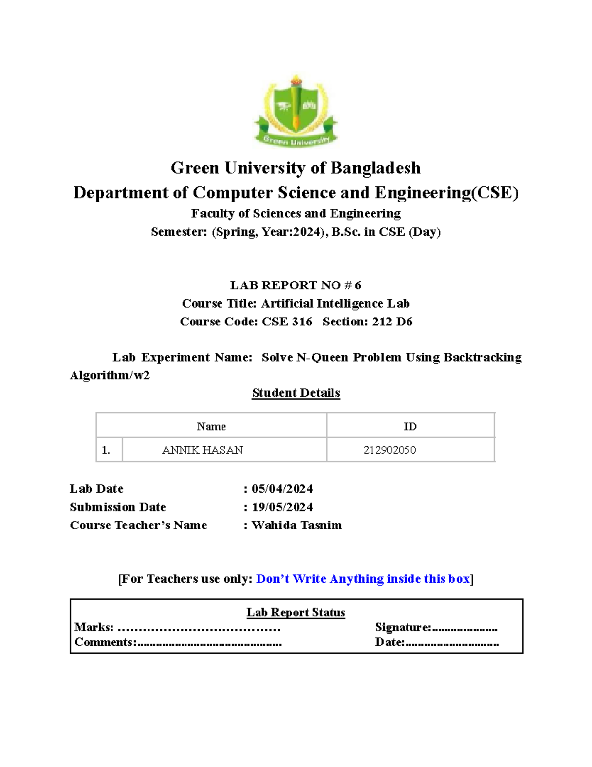 AI-LAB report-6 - Green University of Bangladesh Department of Computer Science and Engineering ...
