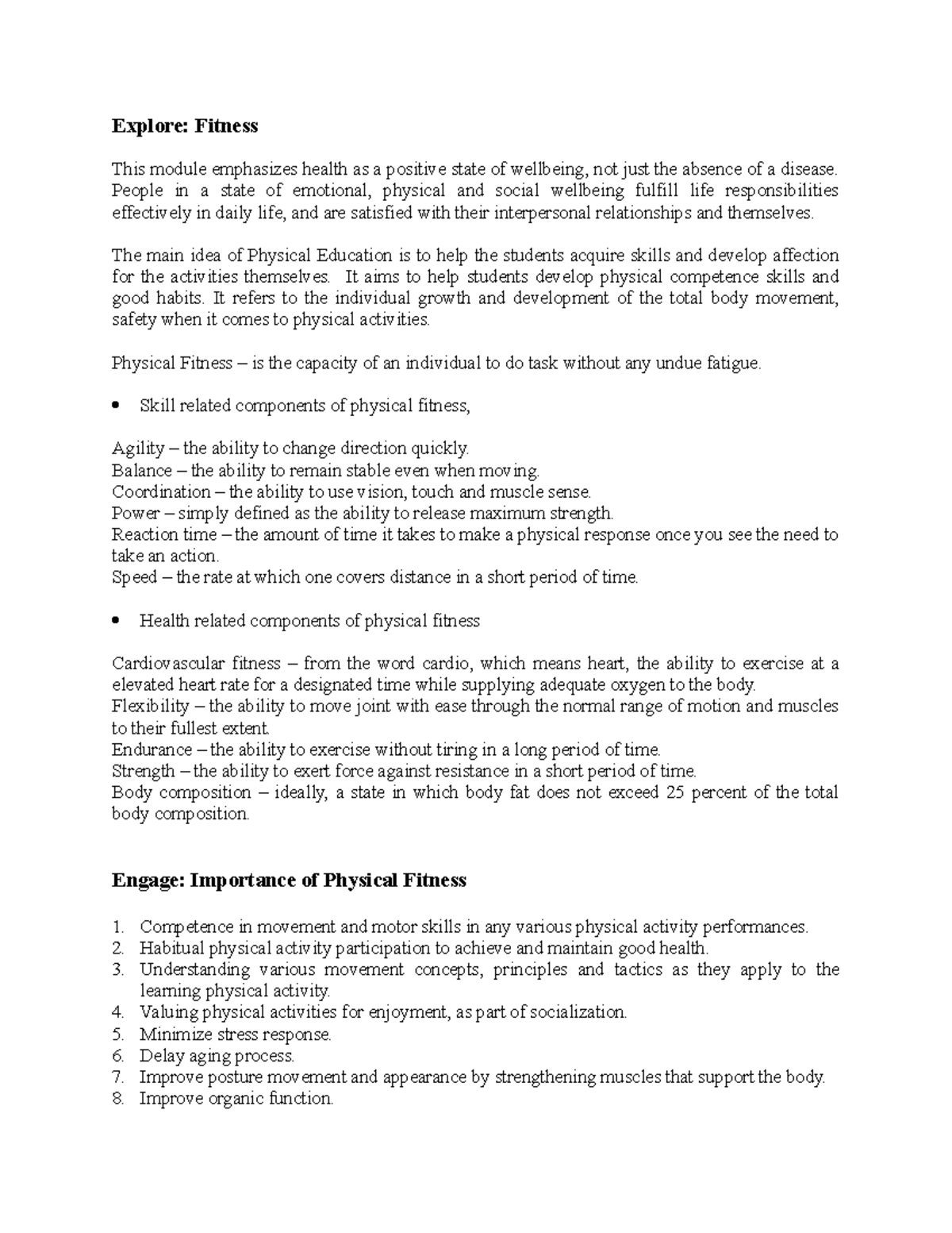 Physical Education: Fitness - Explore: Fitness This module emphasizes ...