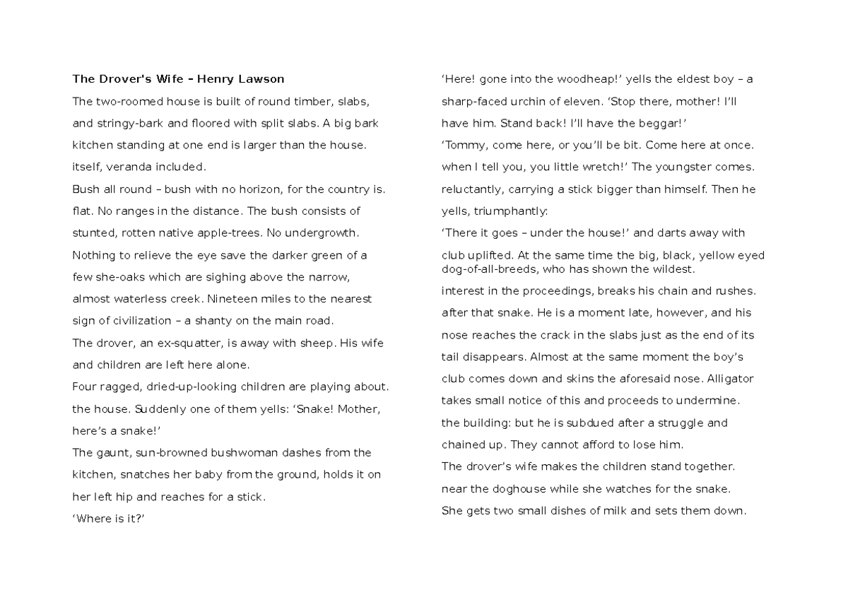 Henry Lawson Short stories - The Drover's Wife – Henry Lawson The two ...