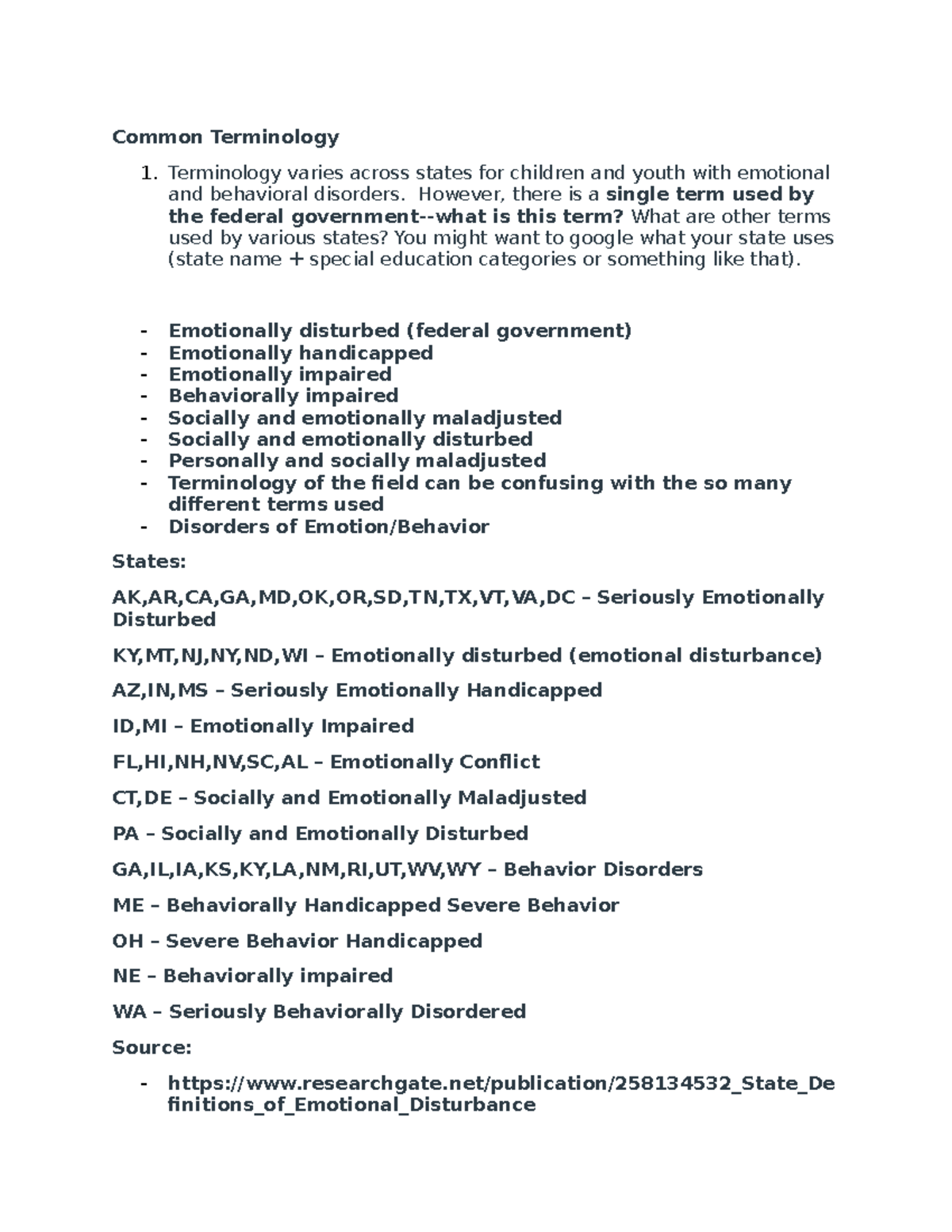 Reading guide 2 - Common Terminology Terminology varies across states ...