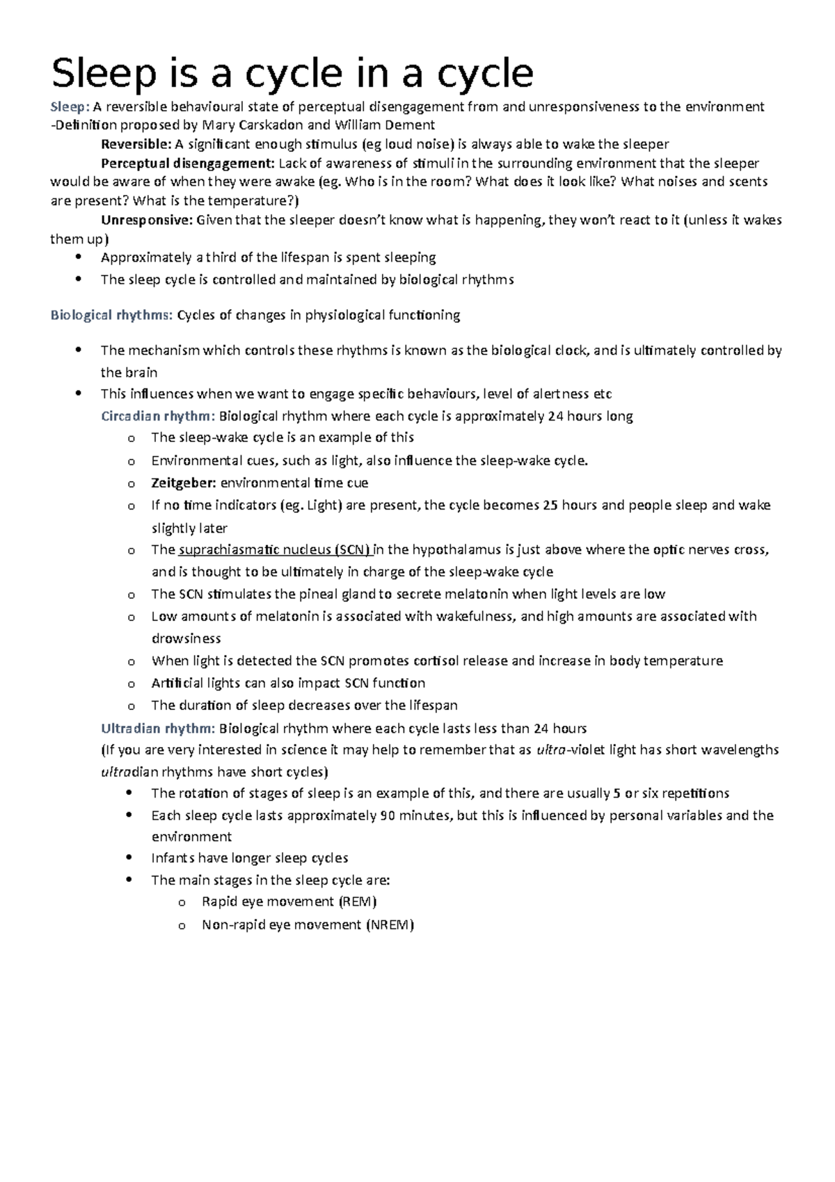 U4 t1 psych - Sleep is a cycle in a cycle Sleep: A reversible ...