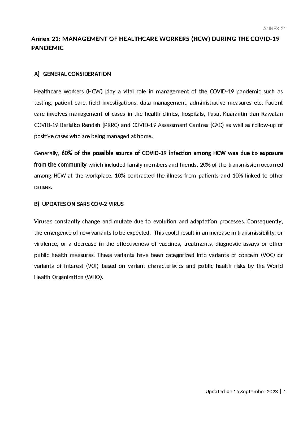 Annex 21 Management OF Healthcare Workers HCW During THE Covid 19 ...