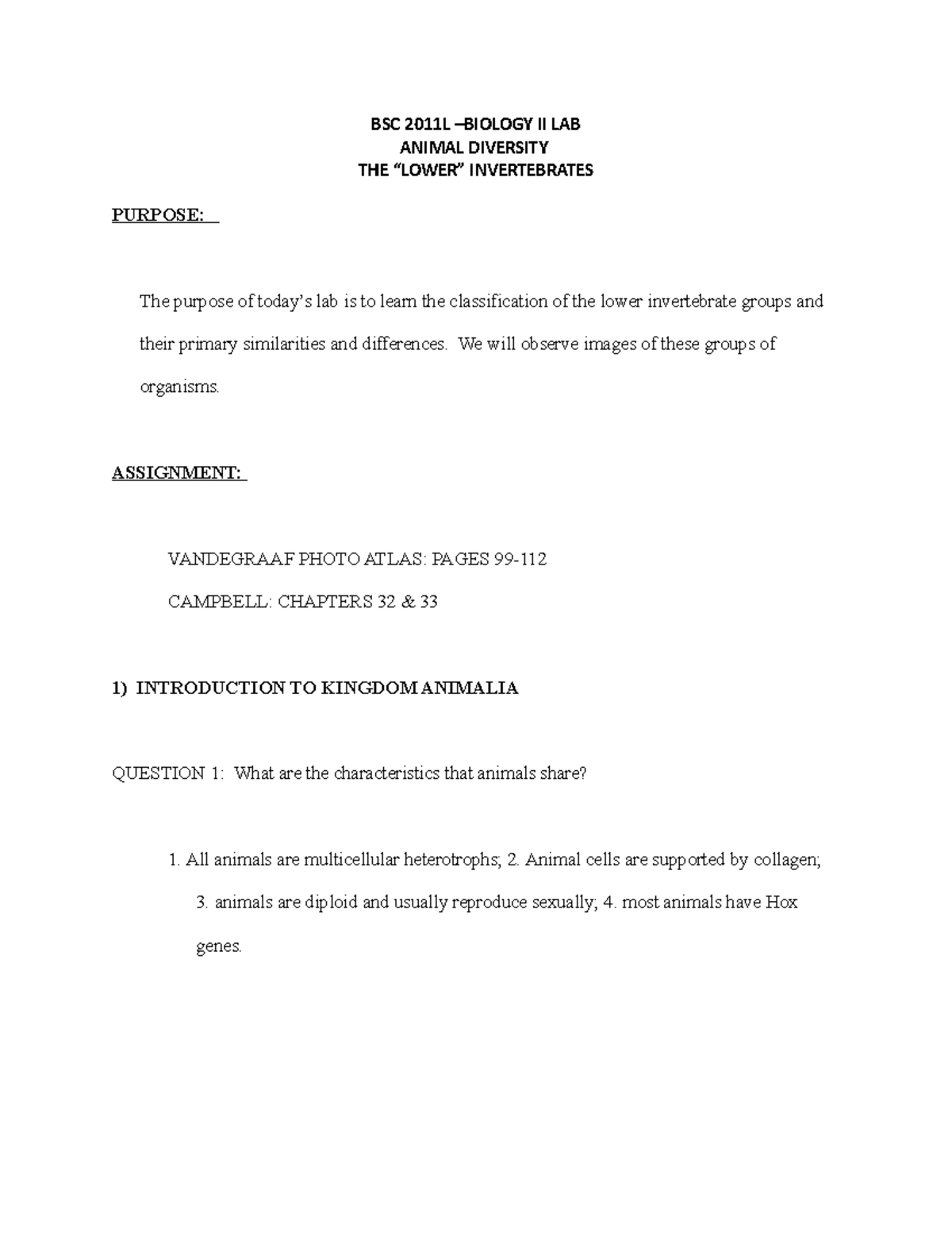 Animal Diversity - mmlk - BSC 2011L –BIOLOGY II LAB ANIMAL DIVERSITY ...