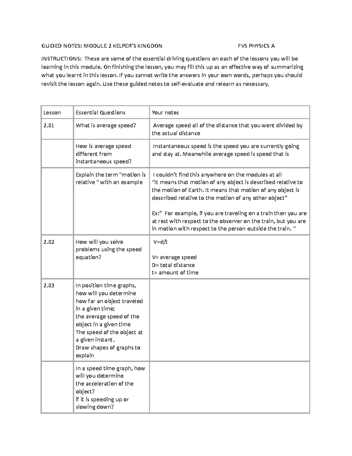 Guided Notes-MOD 2- FVS Physics A-1 - GUIDED NOTES: MODULE 2 KELPER’S ...