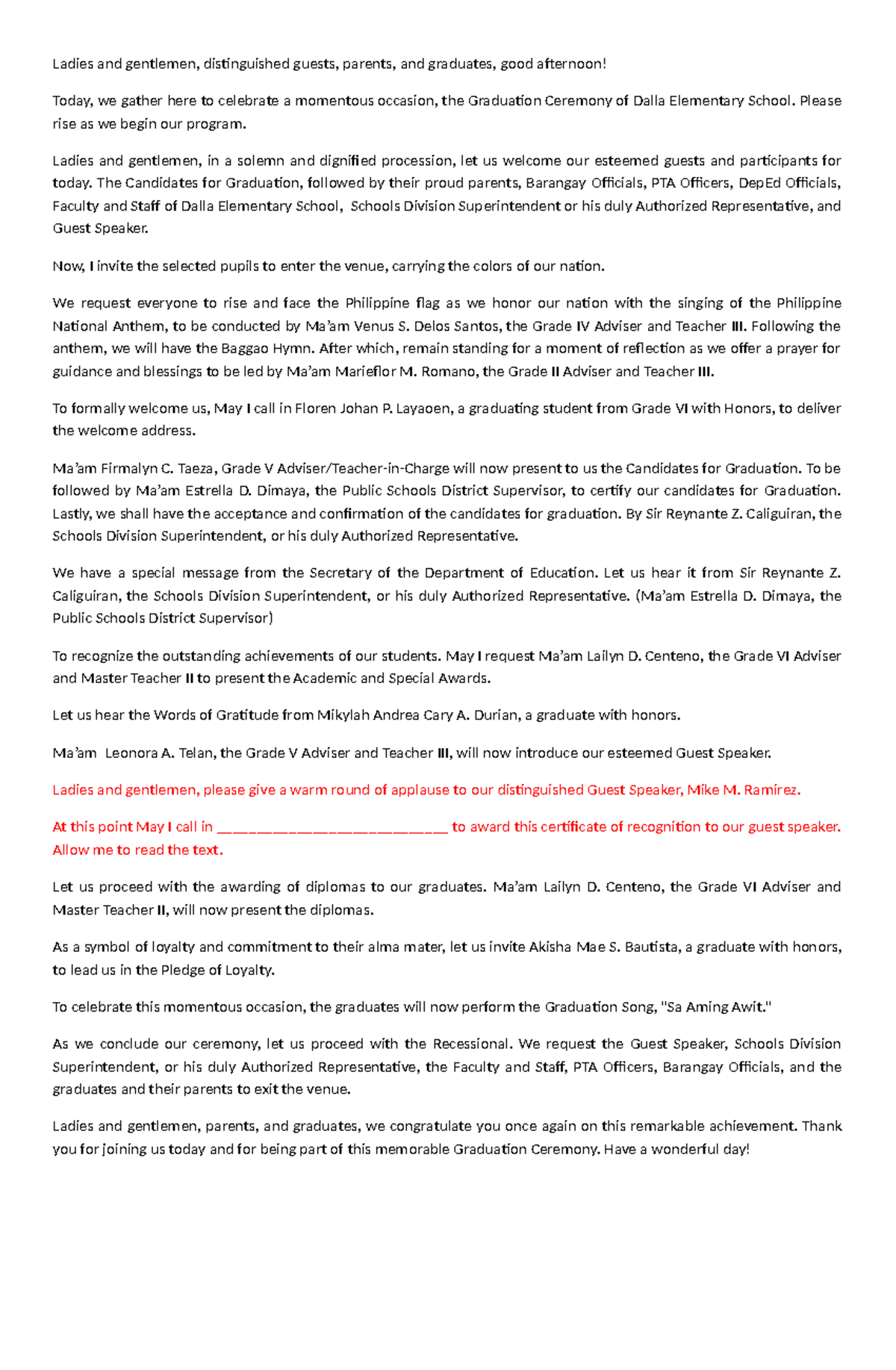 Emcee Graduation - Ladies and gentlemen, distinguished guests, parents ...