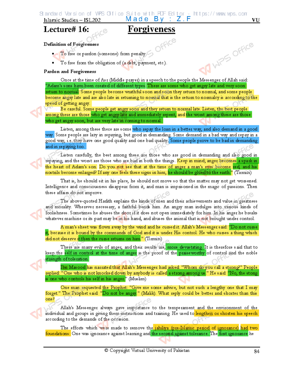 ISL202 Highlighted Handouts by Z.F-1 Insert Watermark - Islamic Studies – ISL202 VU Lecture# 16 ...
