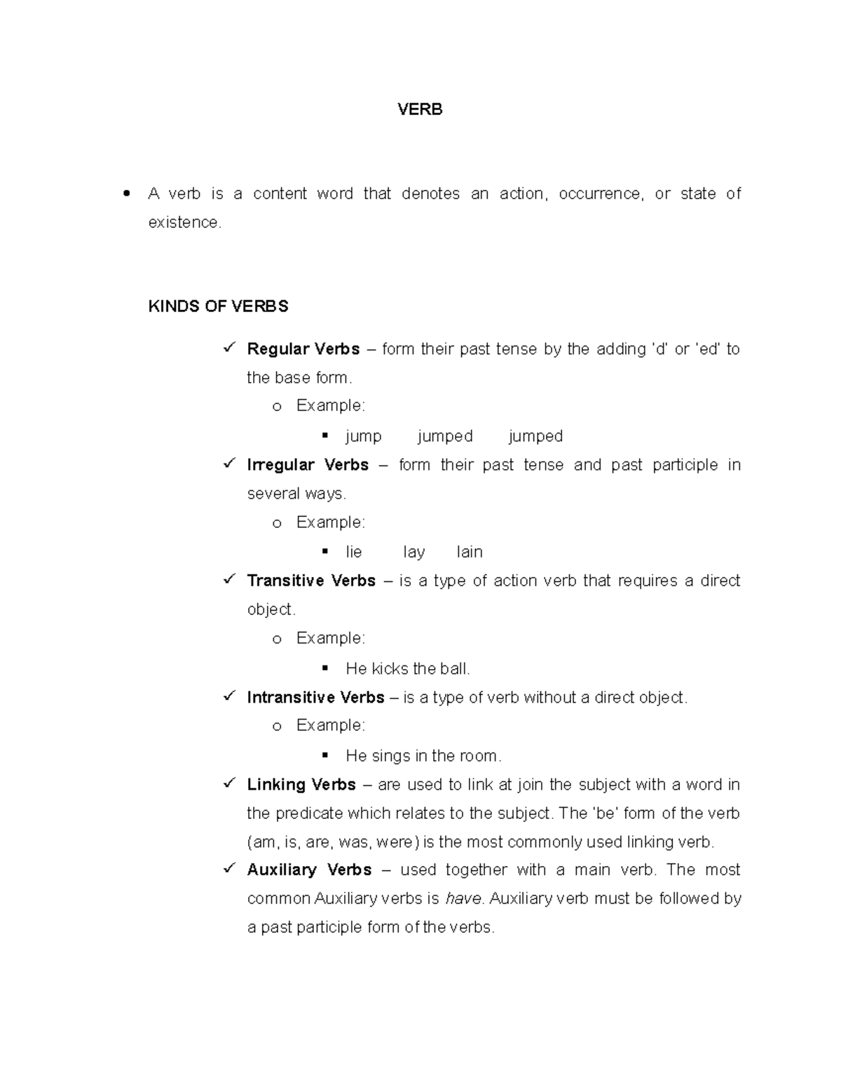 Verb - Lecture 1 - VERB A verb is a content word that denotes an action ...