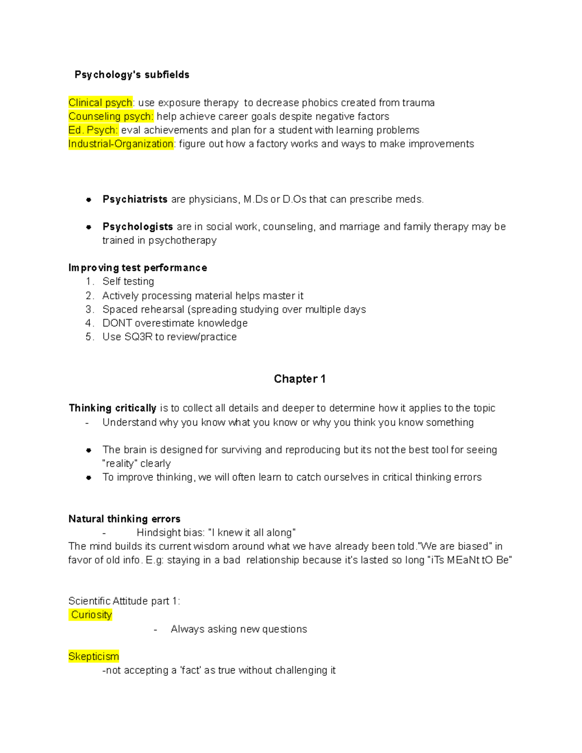 Physchology Ch1 - Lecture notes 1-2 - Psychology's subfields Clinical ...