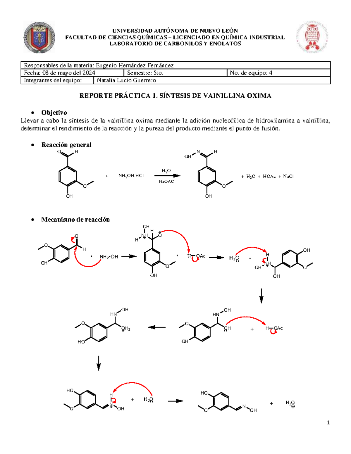 Reporte 1. Síntesis de vainillina oxima - UNIVERSIDAD AUTÓNOMA DE NUEVO ...