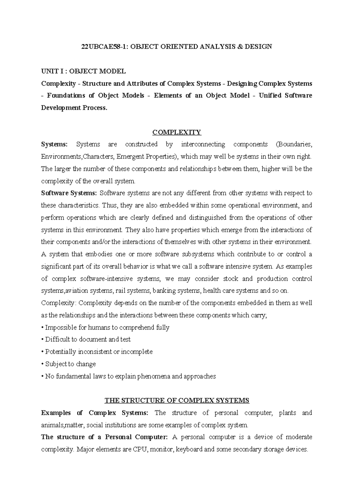 OOAD-UNIT 1 - USEFUL - 22UBCAE58-1: OBJECT ORIENTED ANALYSIS & DESIGN UNIT I : OBJECT MODEL ...