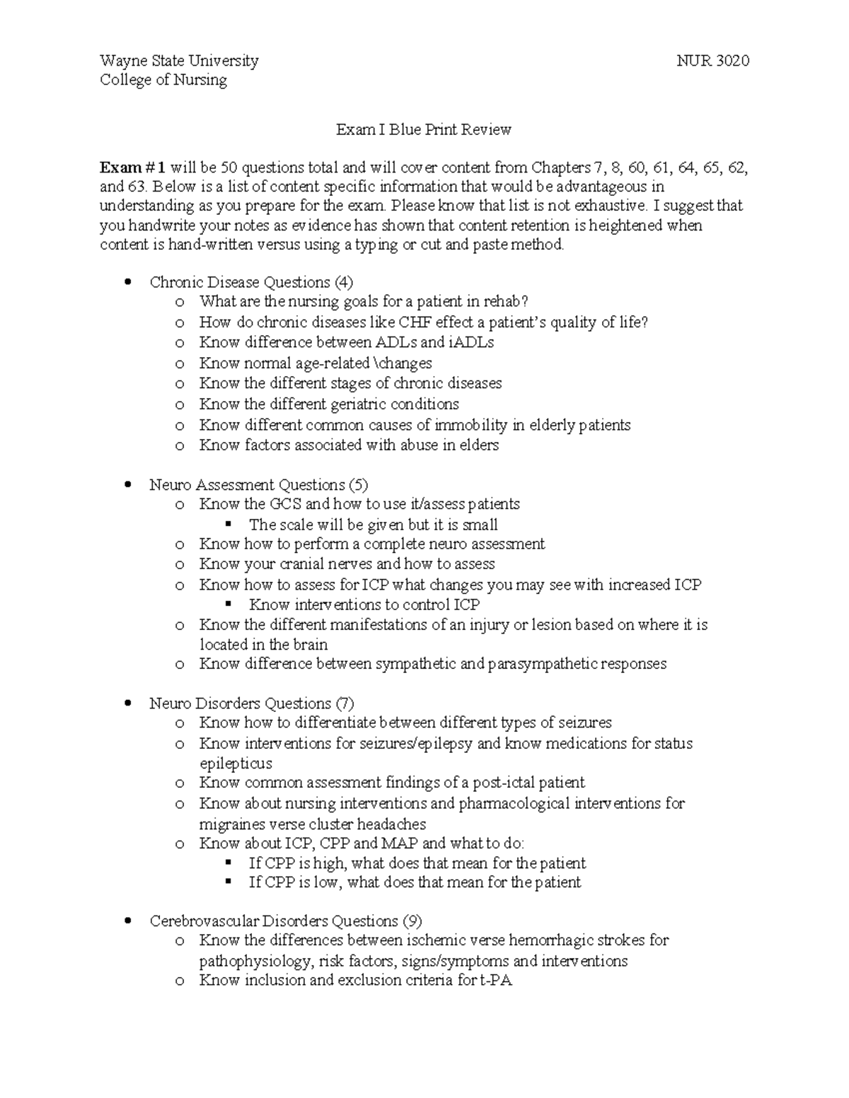 Exam #1 Blueprint - Wayne State University NUR 3020 College of Nursing Exam I Blue Print Review ...