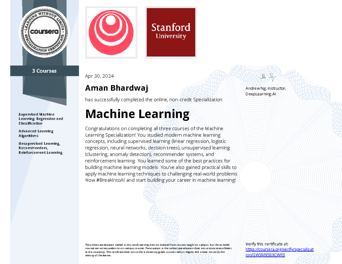 Ra2111003010866 Coursera Machine Learning Specialization 3 Courses Supervised Machine Learning