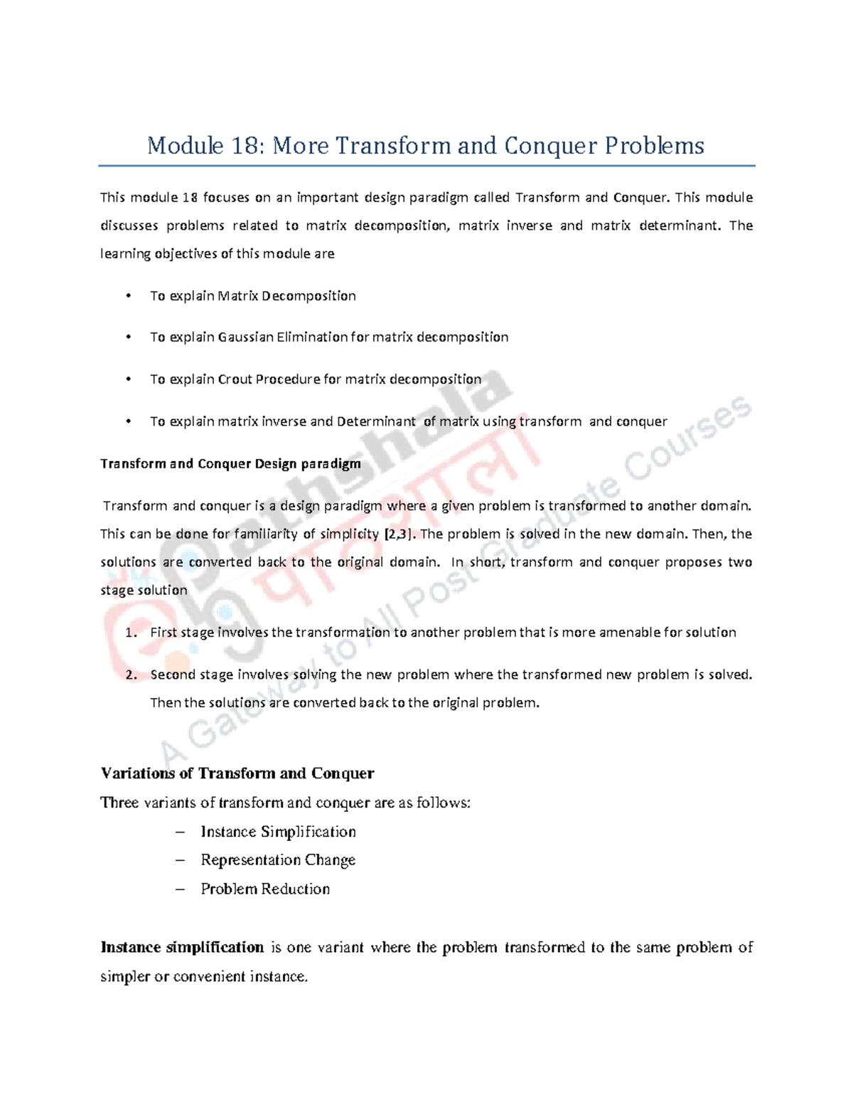 More Transform and Conquer Problems - This module discusses problems related to matrix - Studocu