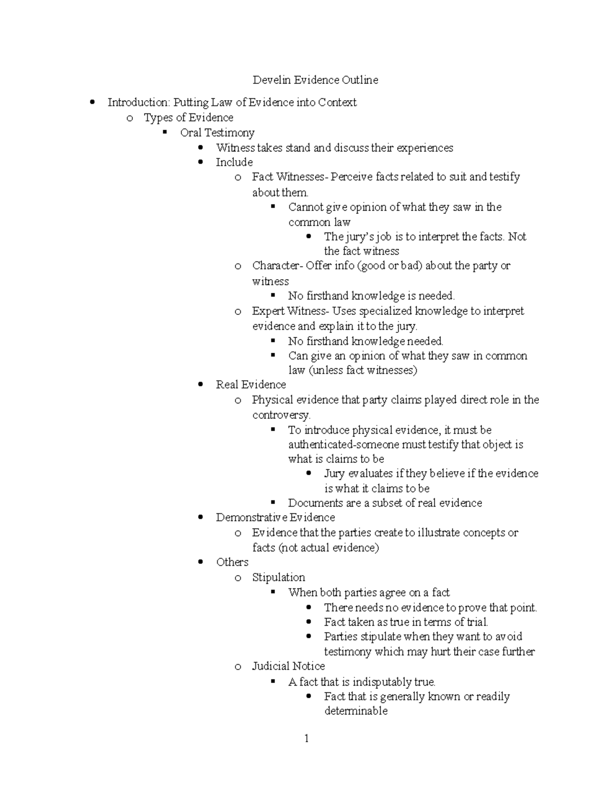Condensed Outline - Develin Evidence Outline Introduction: Putting Law ...