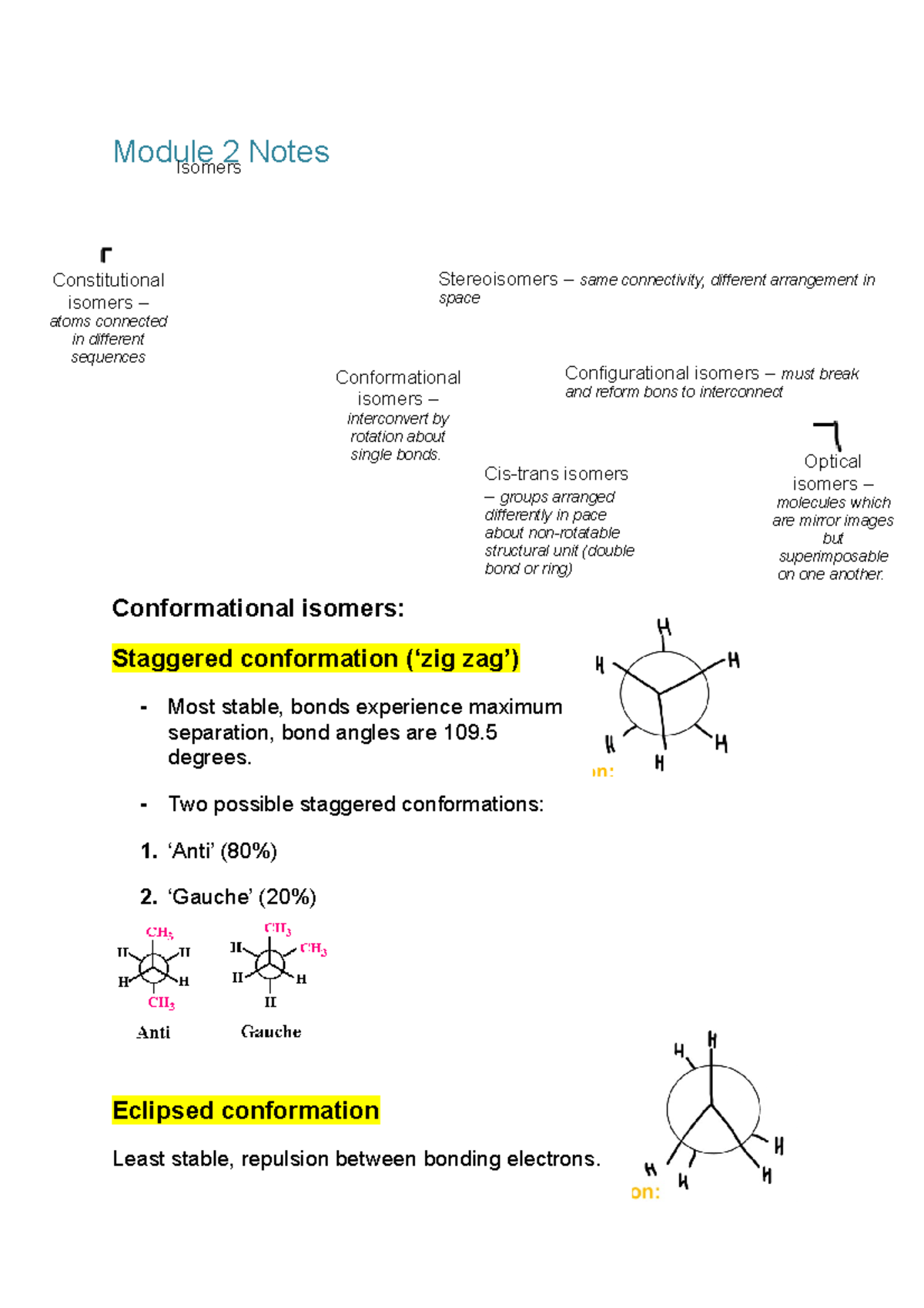 Module 2 CHEM1200 Notes - Module 2 Notes Conformational isomers ...