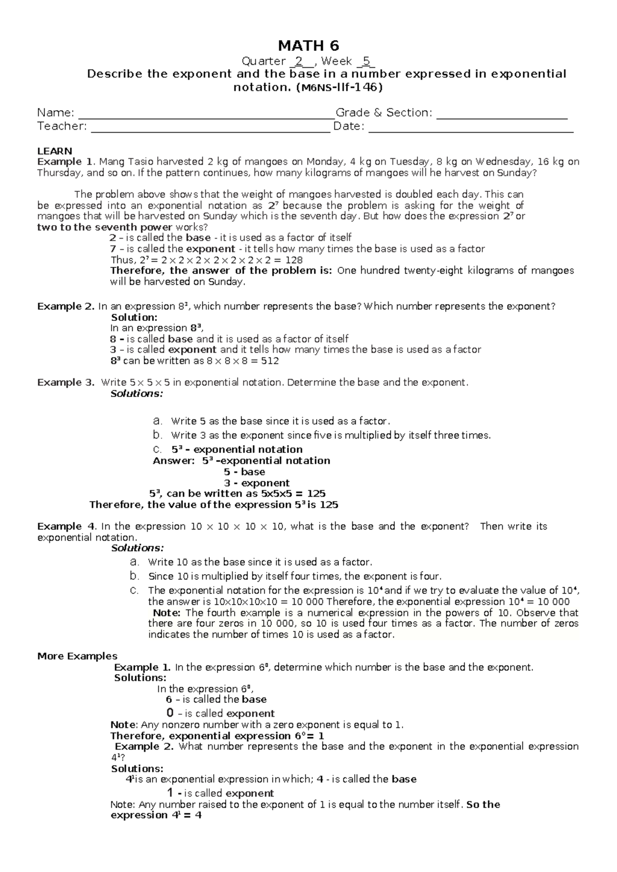 Activity Sheet Q2W5 - MATH 6 Quarter _ 2 __, Week _ 5 _ Describe the exponent and the base in a ...