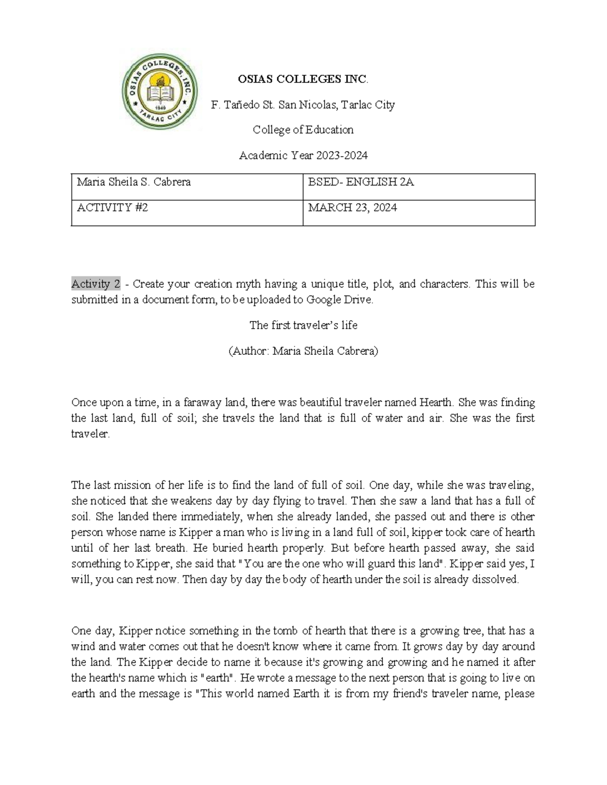 ACT-2-EL112 - OSIAS COLLEGES INC. F. Tañedo St. San Nicolas, Tarlac ...
