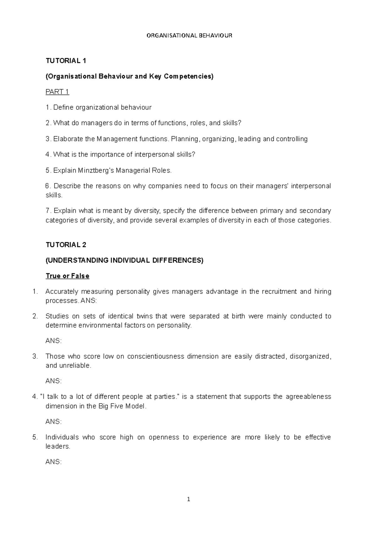 Tutorial OB Students copy - TUTORIAL 1 (Organisational Behaviour and ...