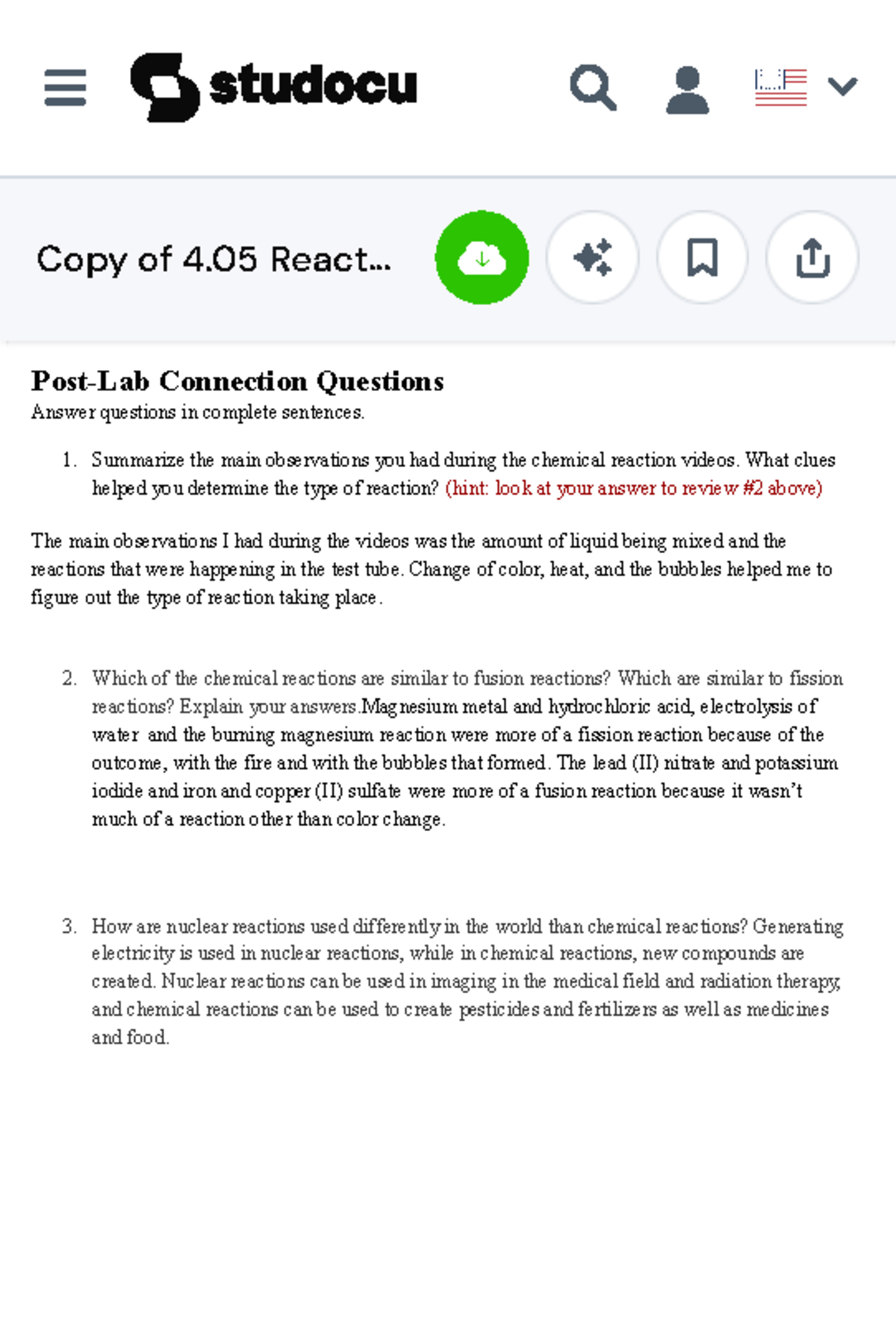 4.05 Reactions in Our World Lab Report - 4 Reactions in Our World Virtual Lab Report - Studocu ...