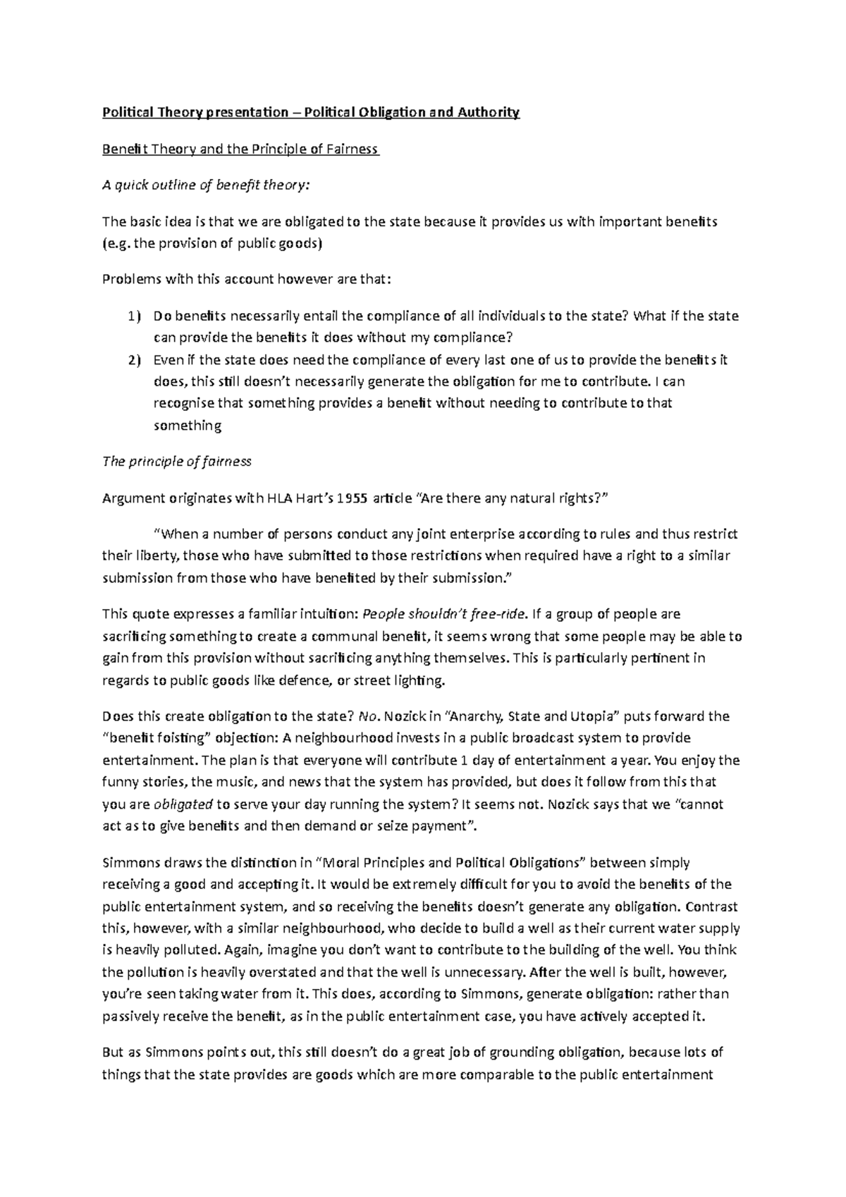 Principle of fairness class 1 - Political Theory presentation ...