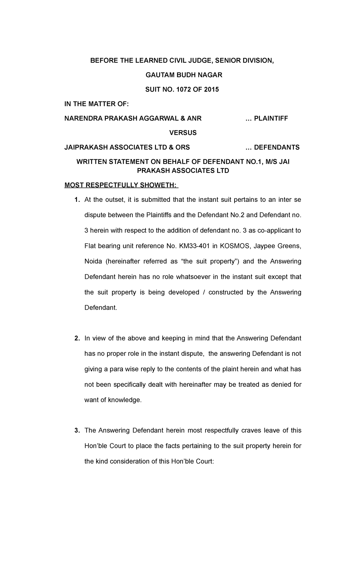 WS Narendra Prakash - bbgb - BEFORE THE LEARNED CIVIL JUDGE, SENIOR ...