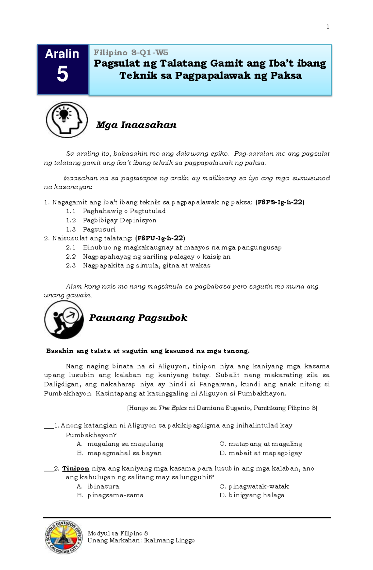 Filipino 8 Q1 Week 5 - Modyul sa Filipino 8 Sa araling ito, babasahin ...